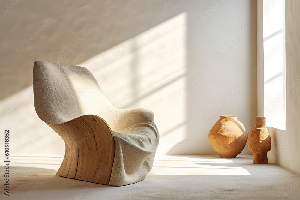 Wavy lounge chair in room with stucco wall and clay vases. Minimalist ...
