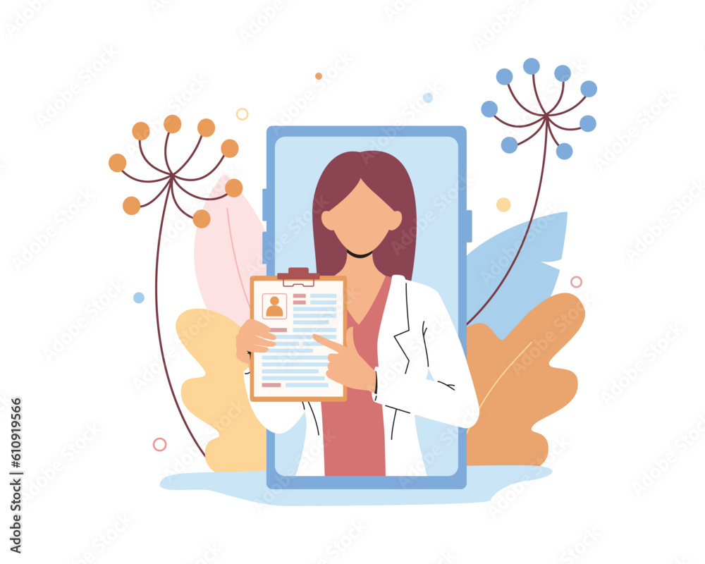 Faceless cartoon woman doctor points to patient form. Professional ...