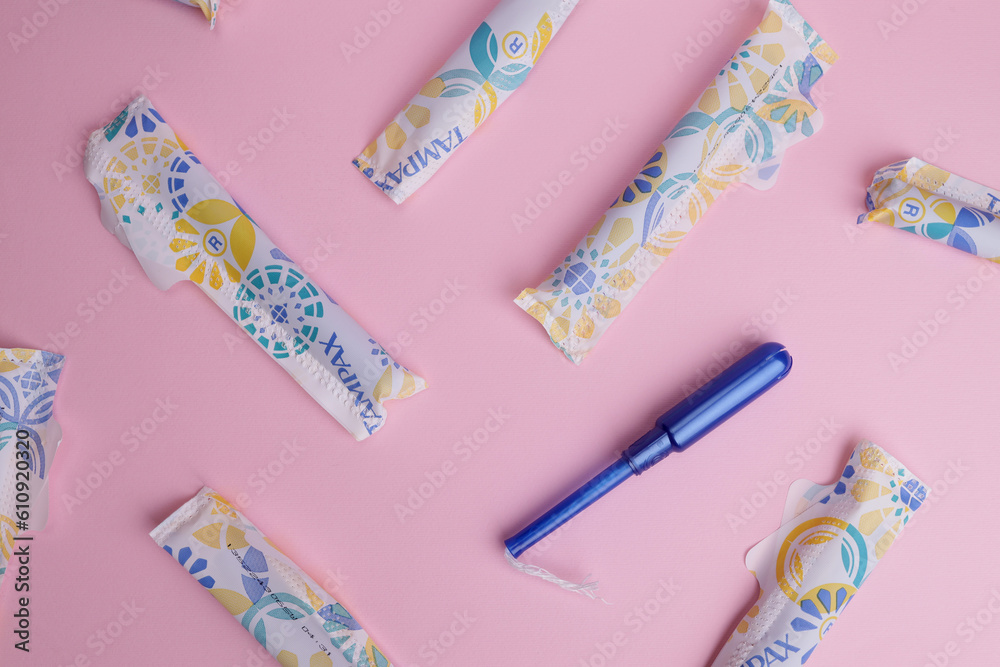 Magdalinovka, Ukraine - June 2, 2023. Tampax tampons in a wrapper ...