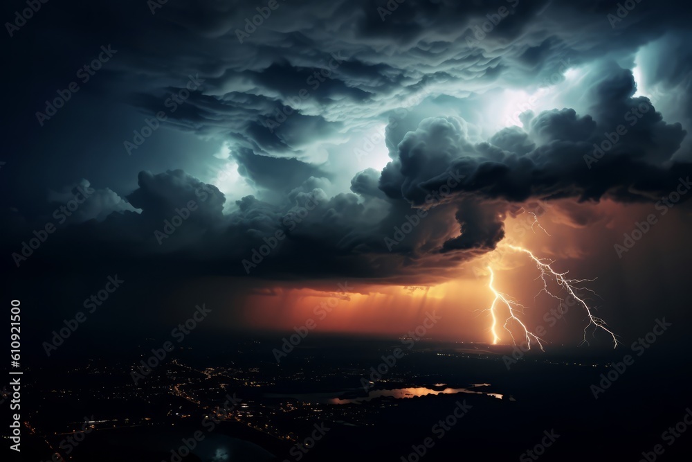 Dystopian sky with dark, brooding clouds, lightning strikes, and an ...