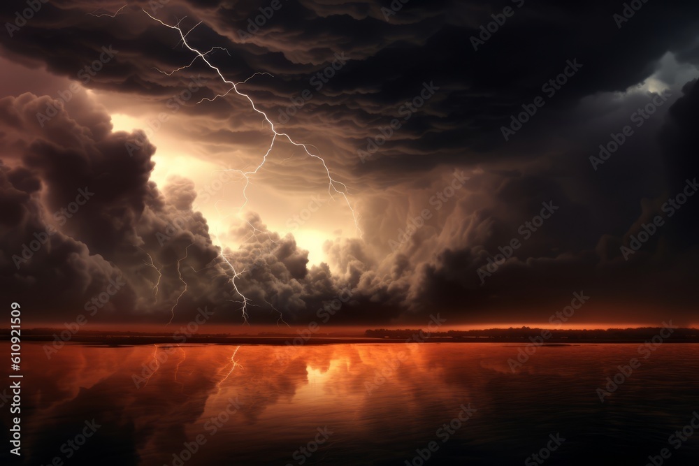 Dystopian sky with dark, brooding clouds, lightning strikes, and an ...