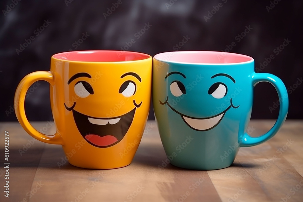 Colorful cups of coffee or tea with smiley faces on black background ...
