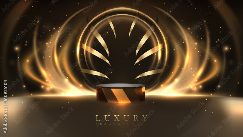Gold podium empty on dark scene with ribbon element for products ...