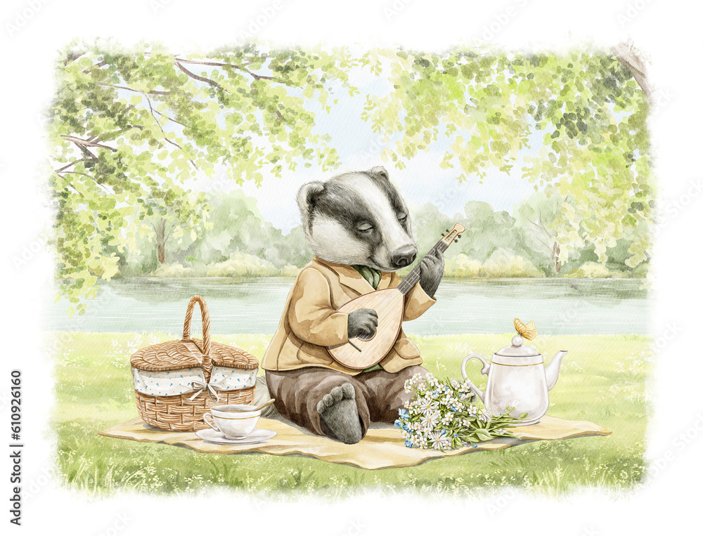 Watercolor vintage summer composition with badger musician in clothes ...