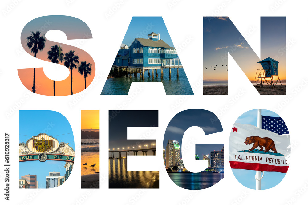 Letters SAN DIEGO, iconic landmarks photo collage isolated on ...