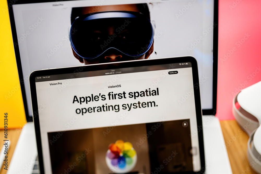 Paris, France - Jun 6, 2023: Creative room table with webpage of Apple ...