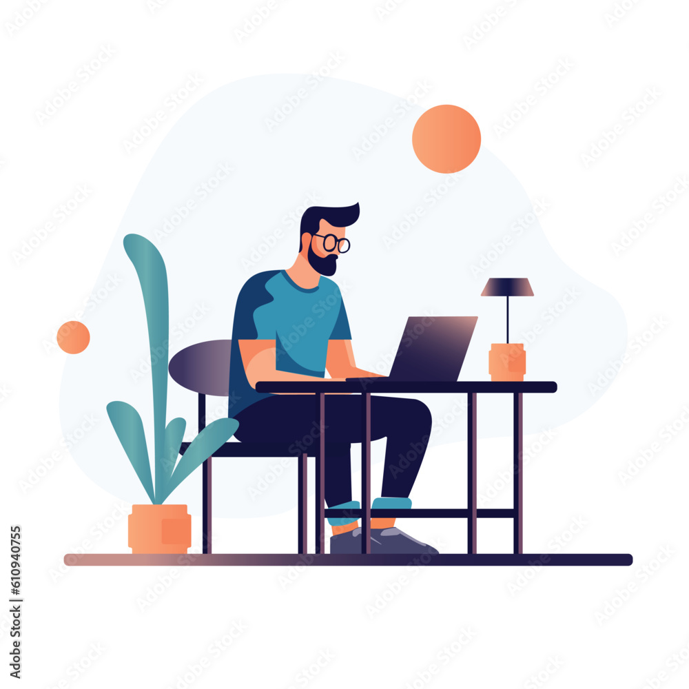Flat illustration of a man using a laptop on a table Stock Vector ...