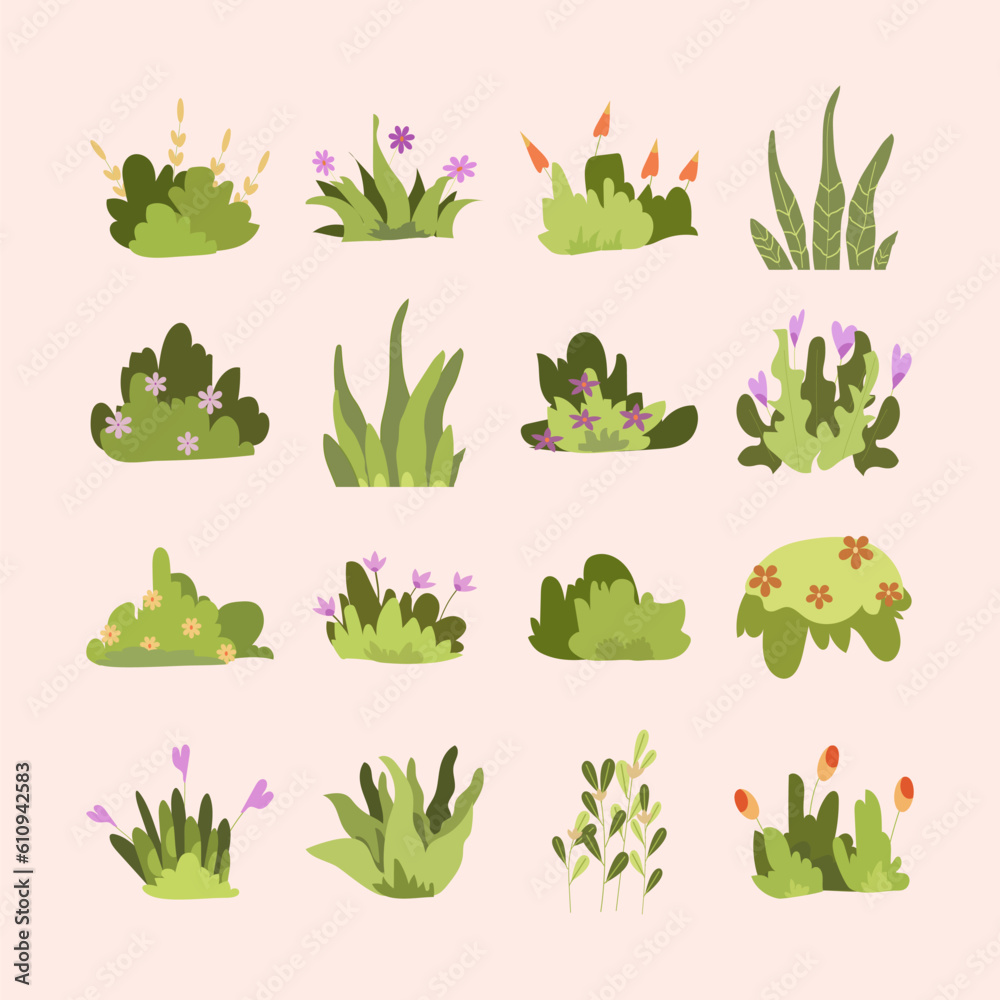 Simple bush set in green color. Flat vector design in minimalistic ...