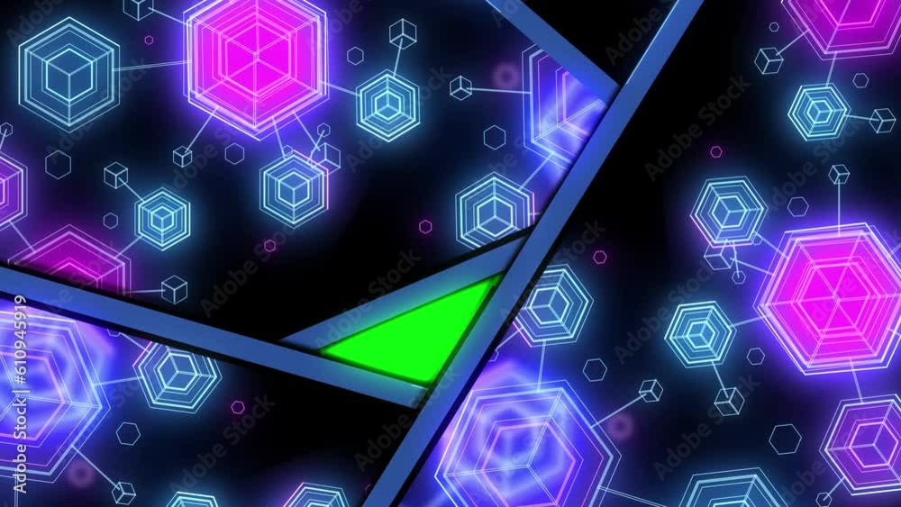 abstract shapes glowing in animation with moving blocks with green ...