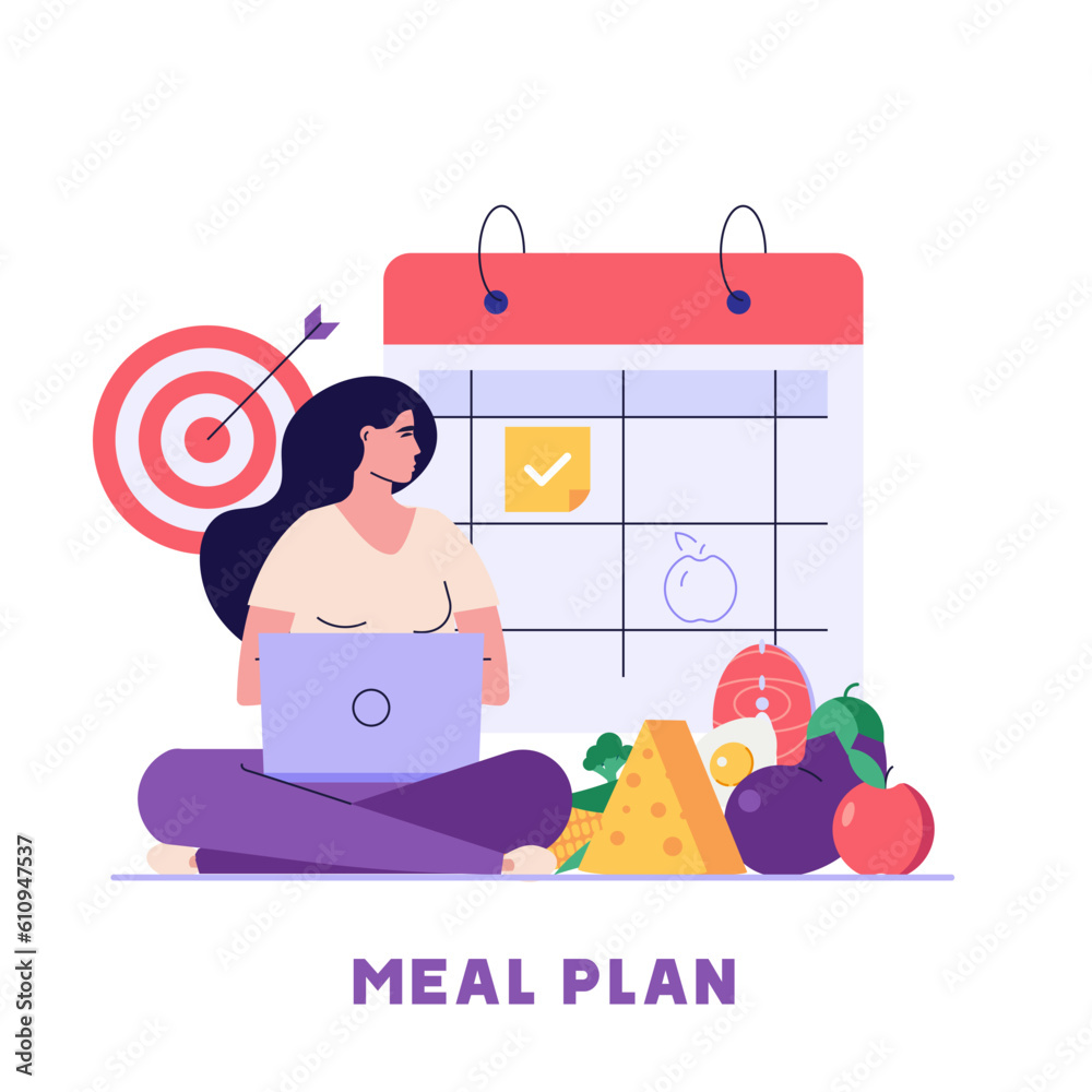 Diet plan illustration. Woman planning diet with calendar and fresh ...