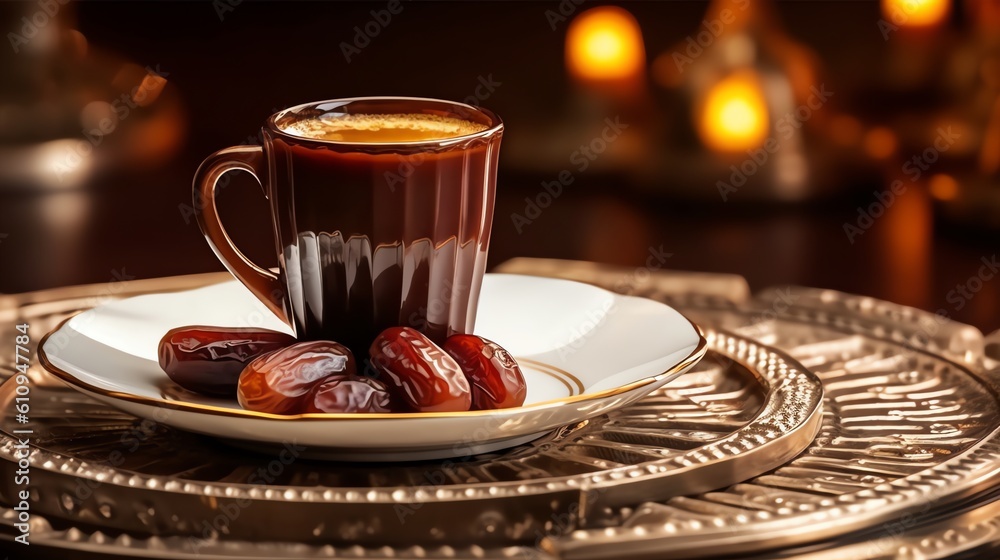 Cup of coffee and dry dates on saucer ready to eat background ...