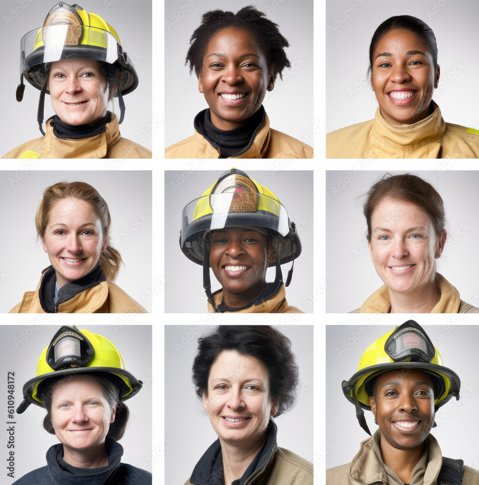 Collage of smiling women firefighters portraits of different ...