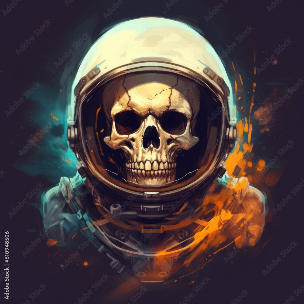 Dead astronaut. Skull in space suit on dark background. Digital art ...