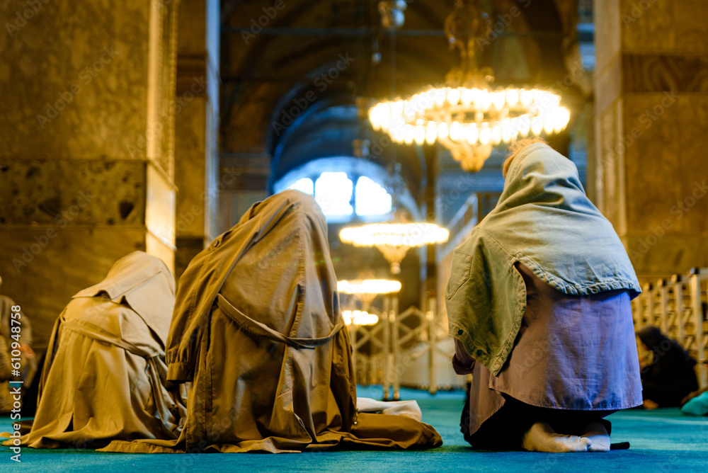 Islamic women with veil are seen praying inside a mosque in Istanbul ...