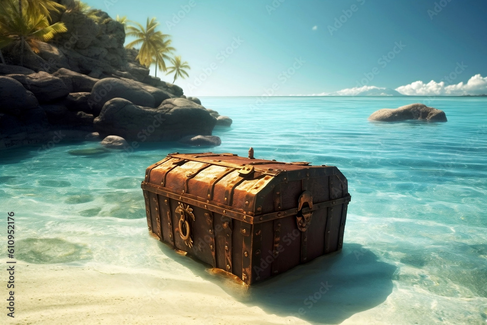 Ancient and vintage treasure chest made of wooden panels placed on ...