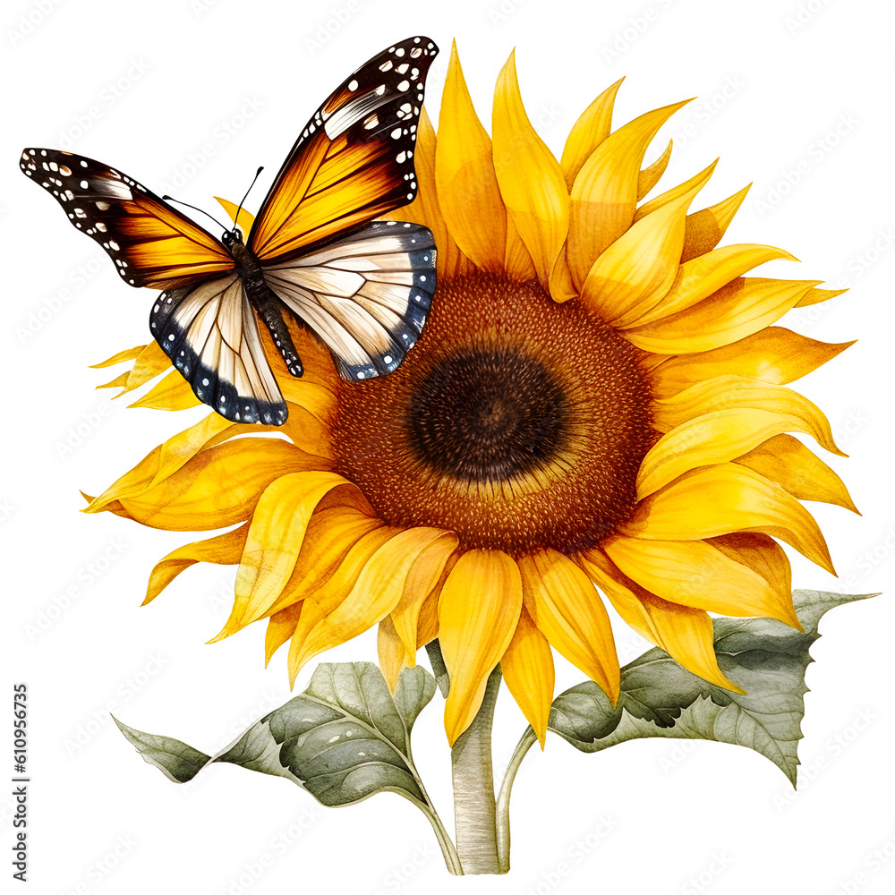 Sunflower with butterfly watercolor clipart, isolated, transparent ...