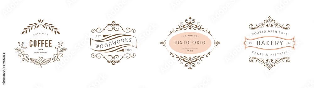 Elegant label, logo and scroll elements. Ornate vintage frames. Classic ...