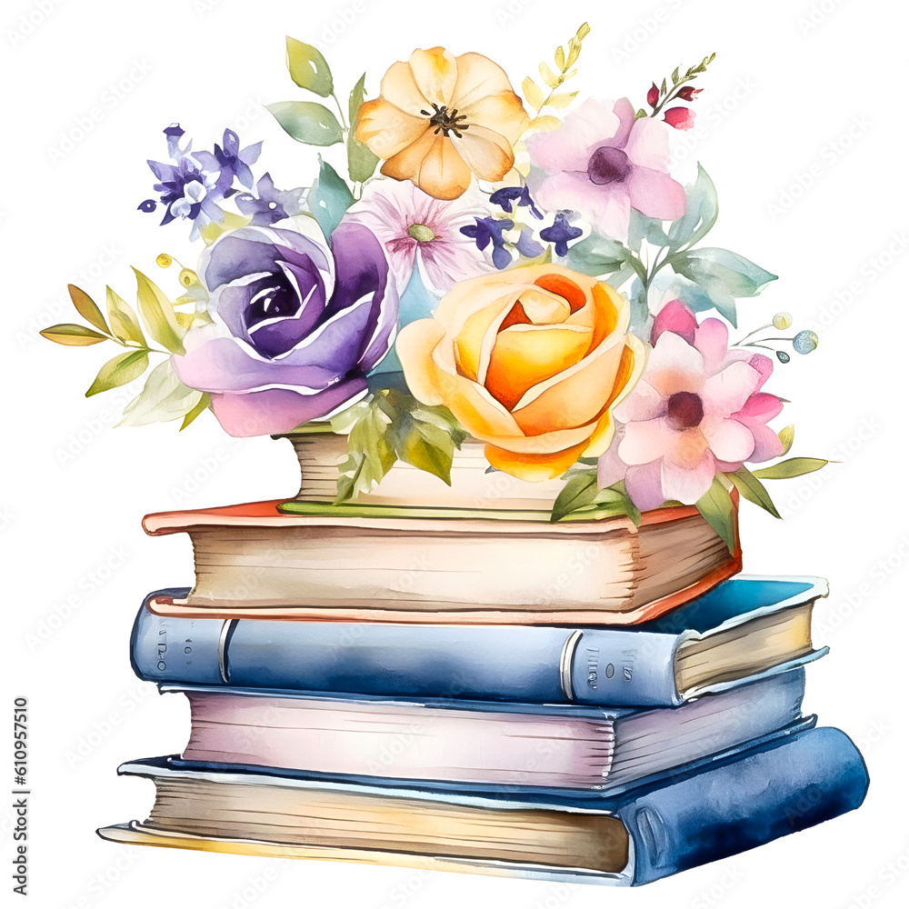 Floral books watercolor clipart, isolated, transparent background ...