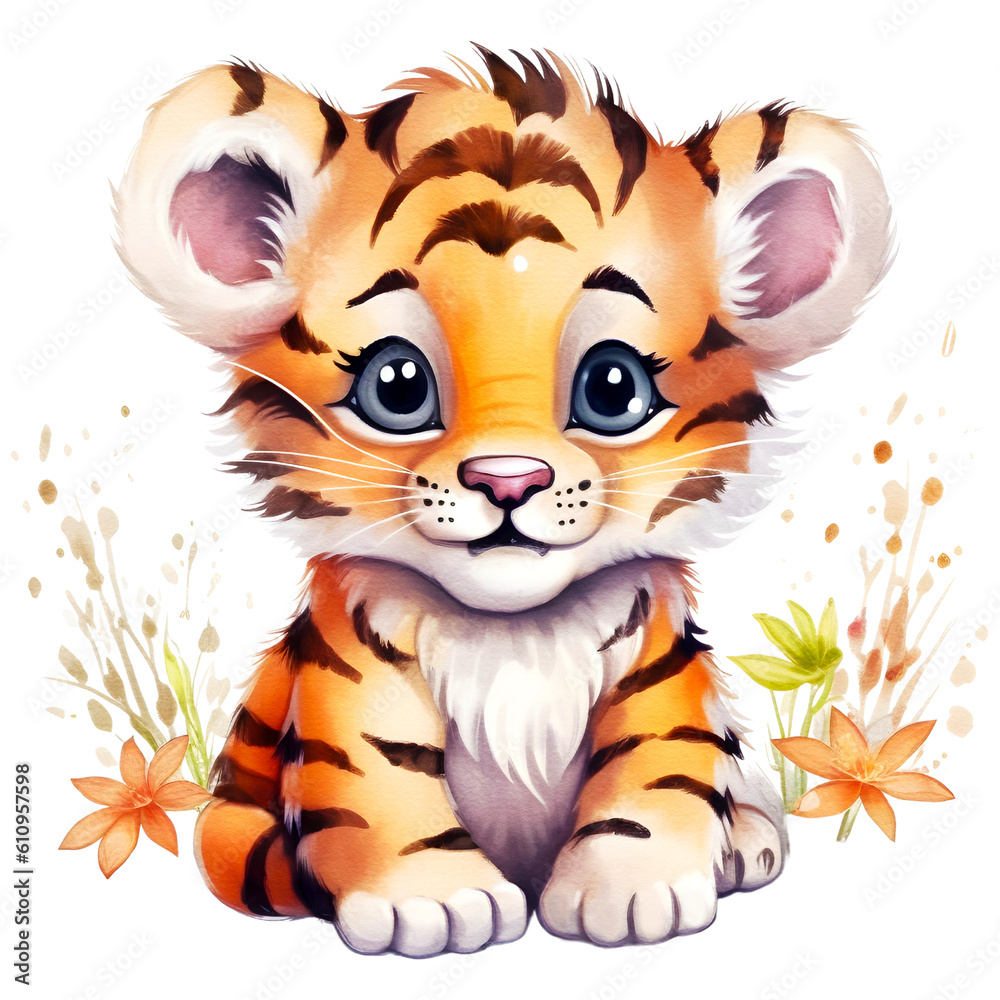 Cute baby tiger watercolor clipart, isolated, transparent background, created with Generative AI ...