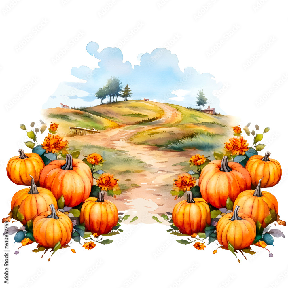 Pumpkin field watercolor clipart, isolated, transparent background ...