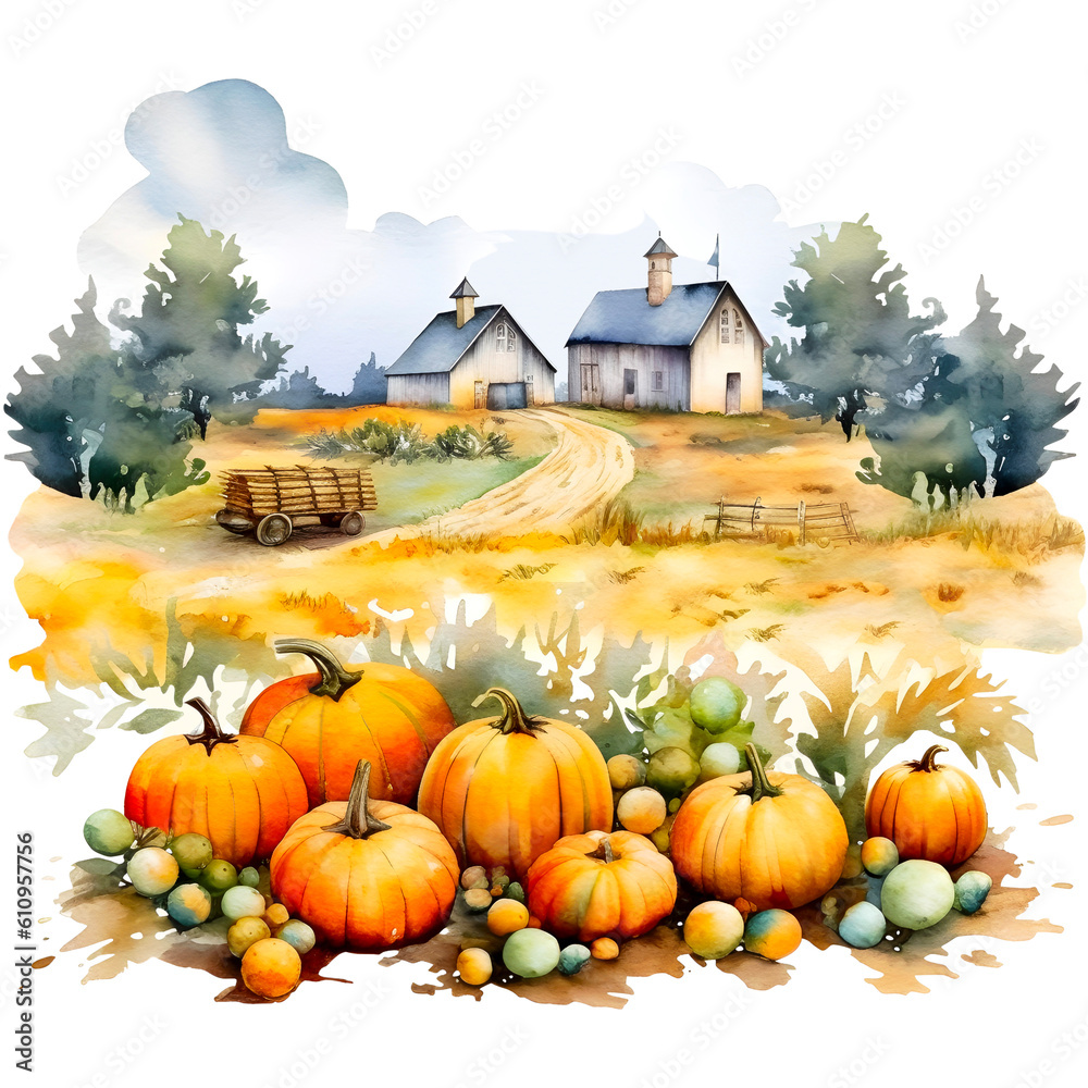 Pumpkin field watercolor clipart, isolated, transparent background ...