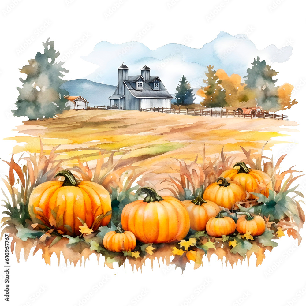 Pumpkin field watercolor clipart, isolated, transparent background ...