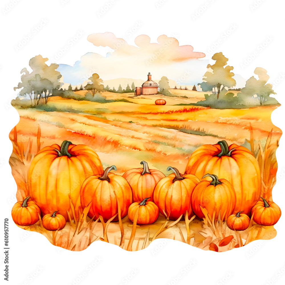 Pumpkin field watercolor clipart, isolated, transparent background ...