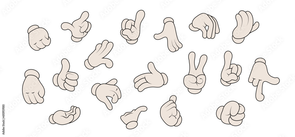Cartoon hands in gloves. Funny retro mascot hand gestures and comic ...