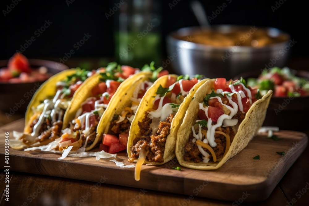 Highly detailed close-up photography of a delicious tacos on a rustic ...
