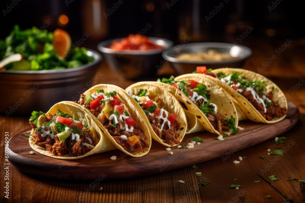 Highly detailed close-up photography of a delicious tacos on a rustic ...