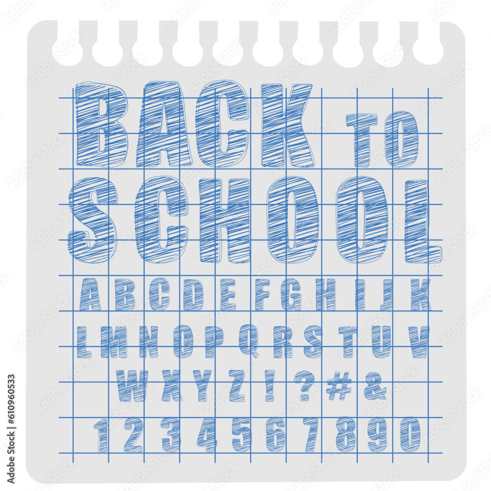 Back to school alphabet. School notebook. Vector letters and numbers ...