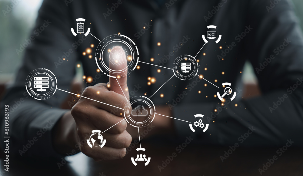 People using digital interface for transformation management and cloud computing. IoT and big ...