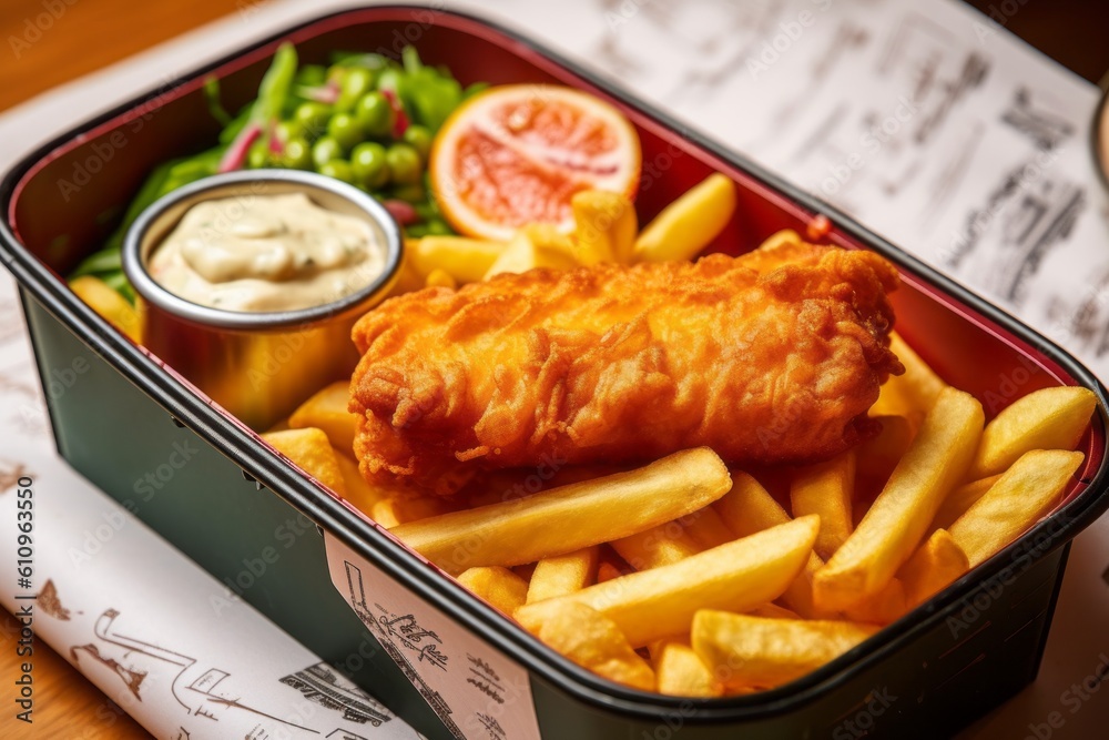 Detailed close-up photography of a delicious fish and chips in a bento ...