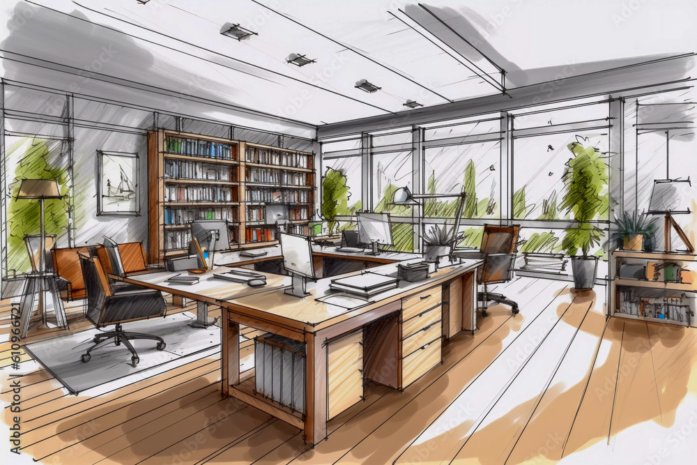 watercolor and sketch, bright interior of a office, hand drawn style ...