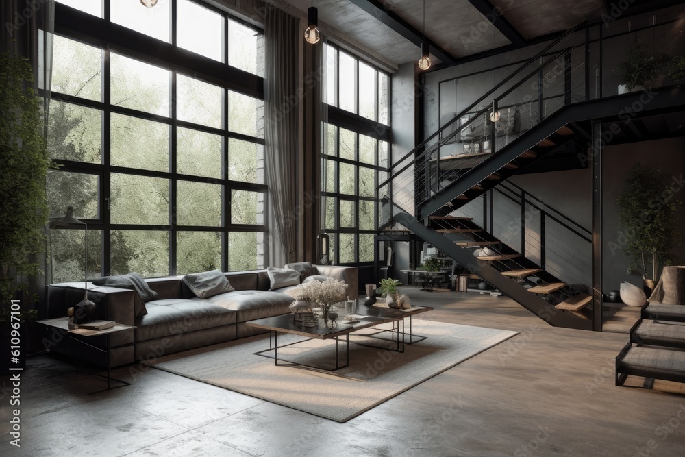 Living room in Loft in Contemporary design style typically includes ...