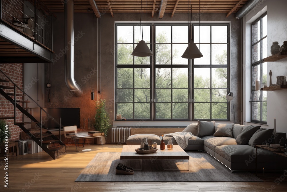 Living room in Loft in Contemporary design style typically includes ...
