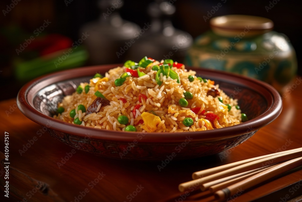 Close-up view photography of a refined fried rice on a rustic plate ...