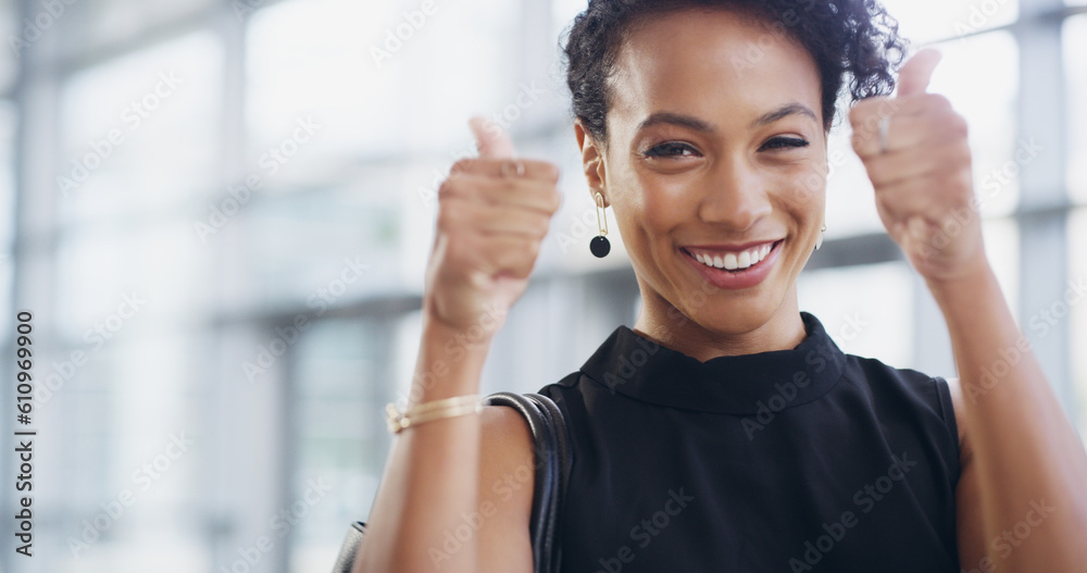 Business woman, face and thumbs up with smile, support and agreement ...