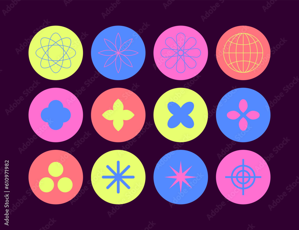 Abstract retro elements vector illustrations set. Futuristic geometric symbols in y2k style in ...