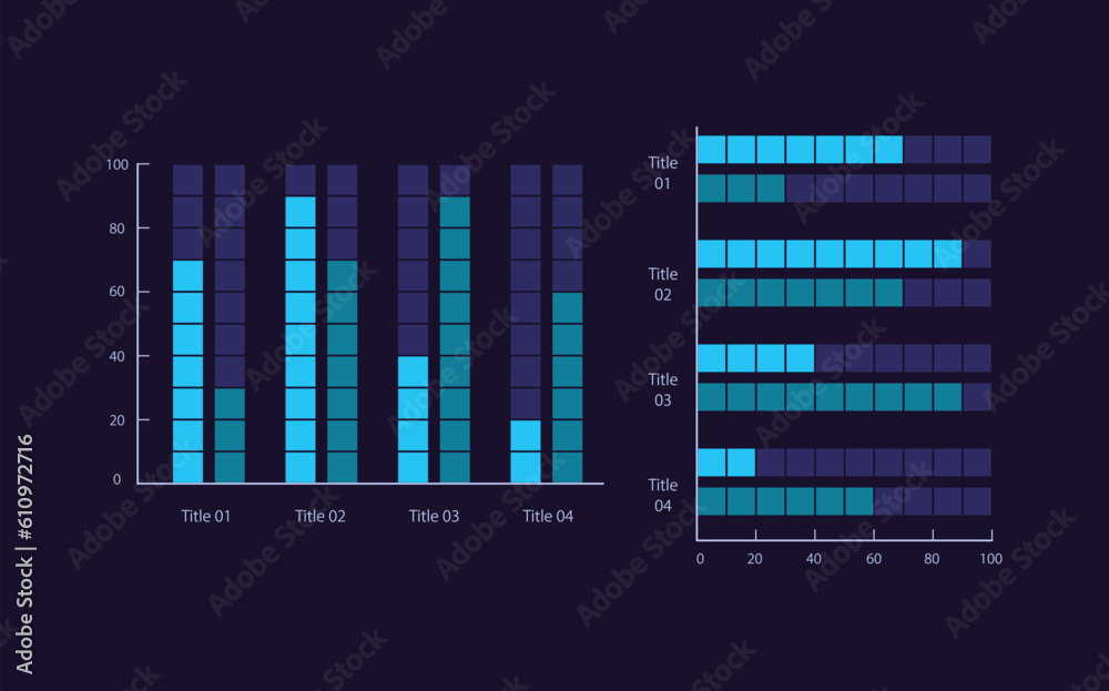 Multi-set bar infographic chart design template set for dark theme. Compare different values ...