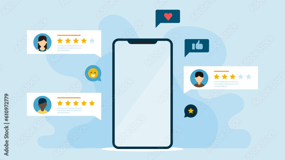 Smartphone with customer rating star review and social icons. Mobile ...