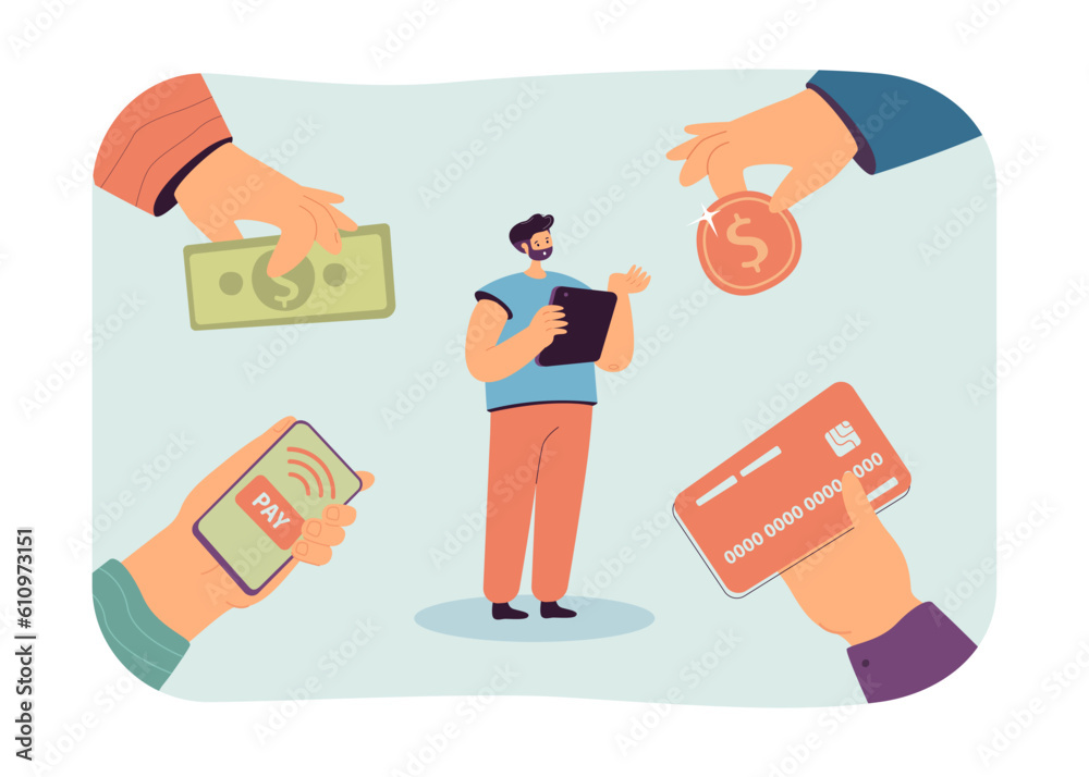 Hands offering different payment methods vector illustration. Surprised man with device choosing ...