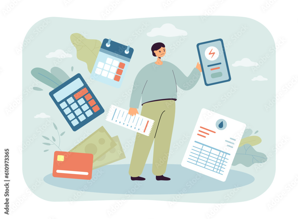 Confused man checking utility bills vector illustration. Cartoon ...