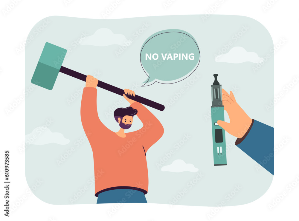 Man with hammer and huge hand holding vape vector illustration. Cartoon ...