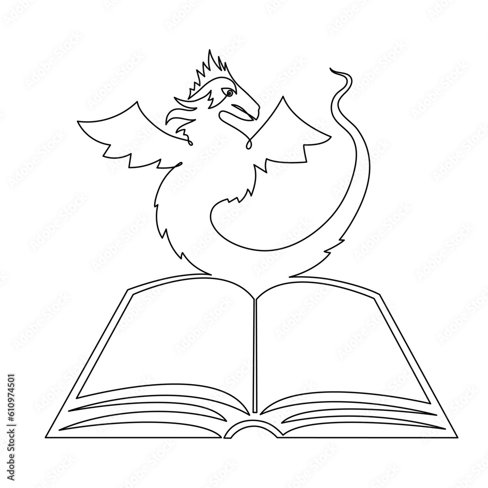 Book with dragon one line art,continuous contour drawing,hand-drawn ...