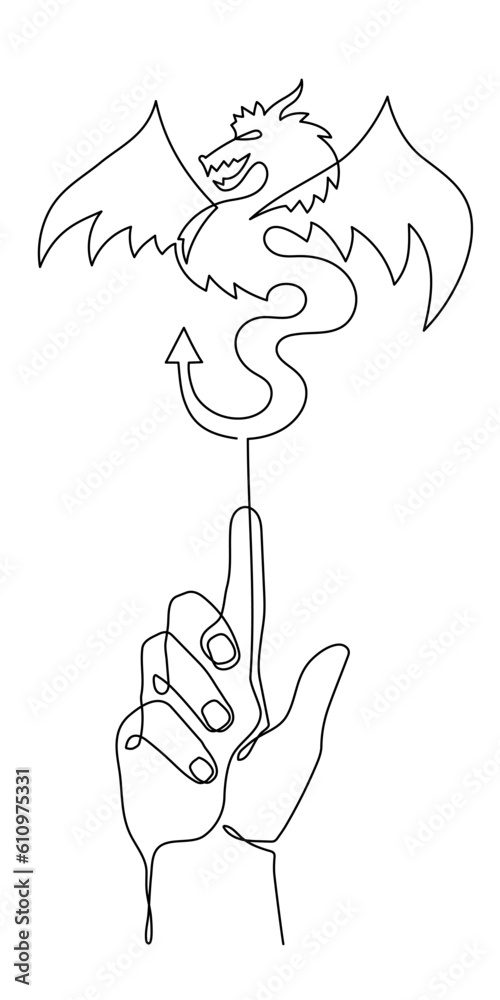 Hand holds dragon one line art,continuous contour drawing, hand-drawn ...