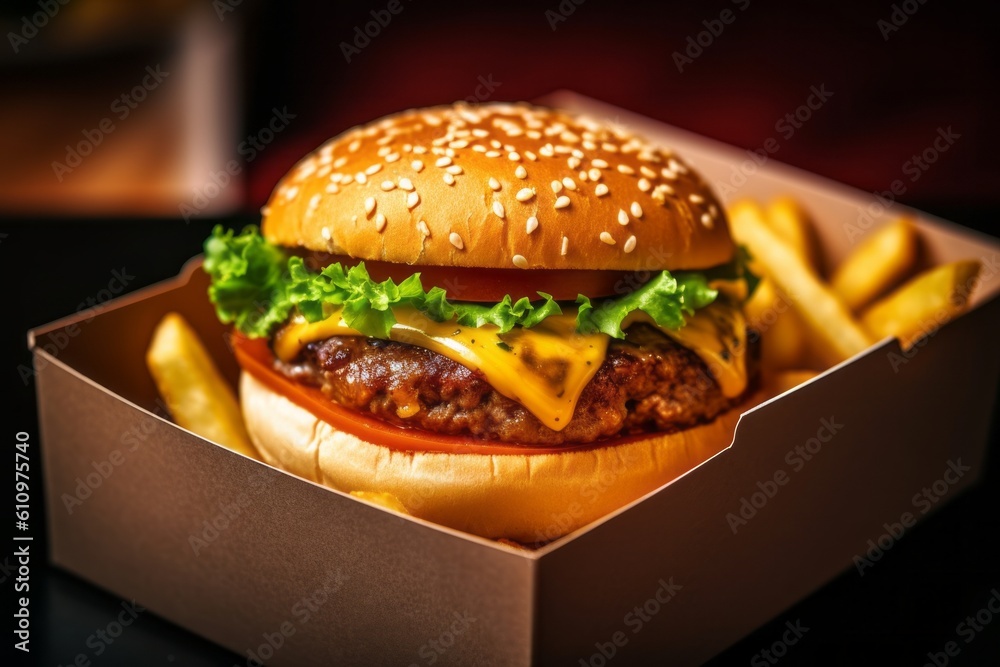 Macro view photography of a juicy burguer in a bento box against a ...