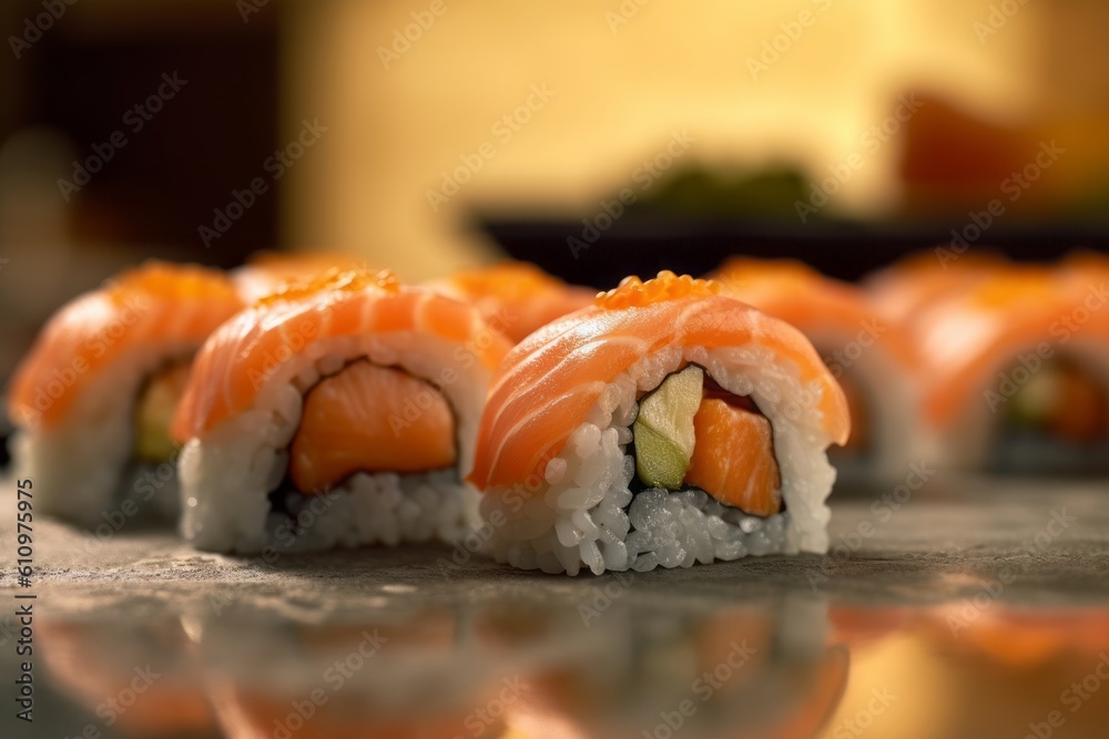 Macro detail close-up photography of a tempting sushi on a marble slab ...