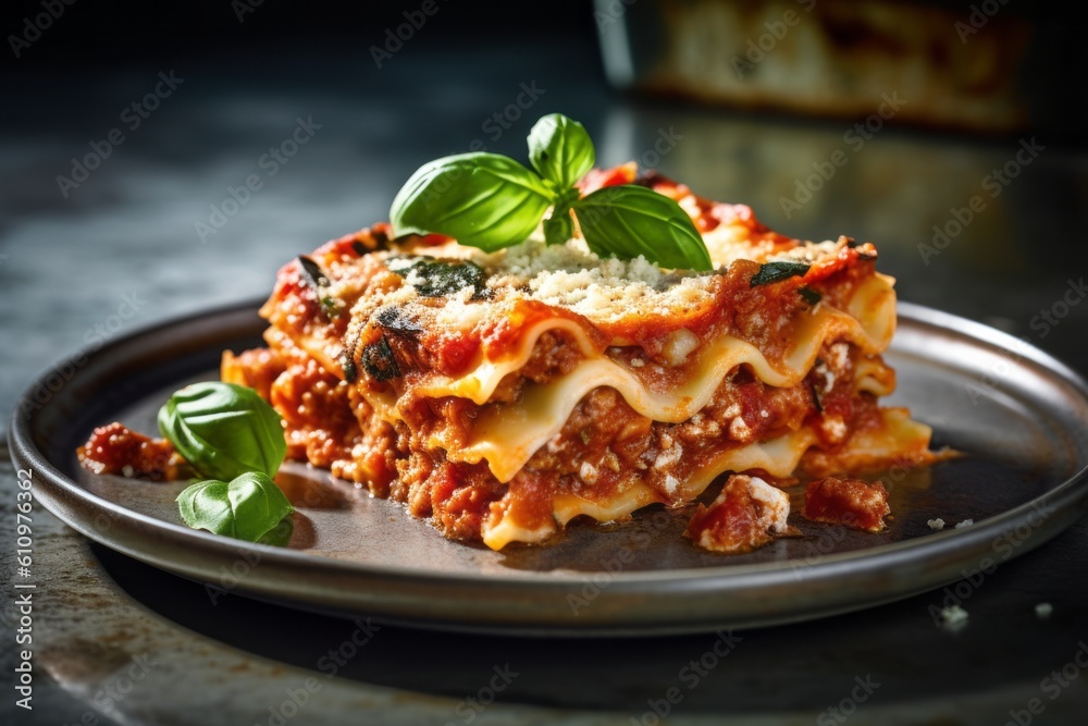 Highly detailed close-up photography of a tempting lasagna on a marble ...
