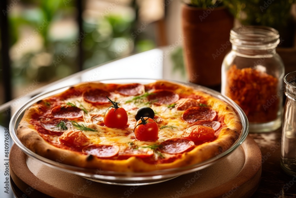 Detailed close-up photography of a tempting pizza in a glass bowl ...